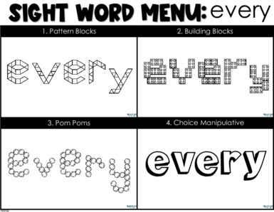 Sight Word Menus – every - Education to the Core Premium